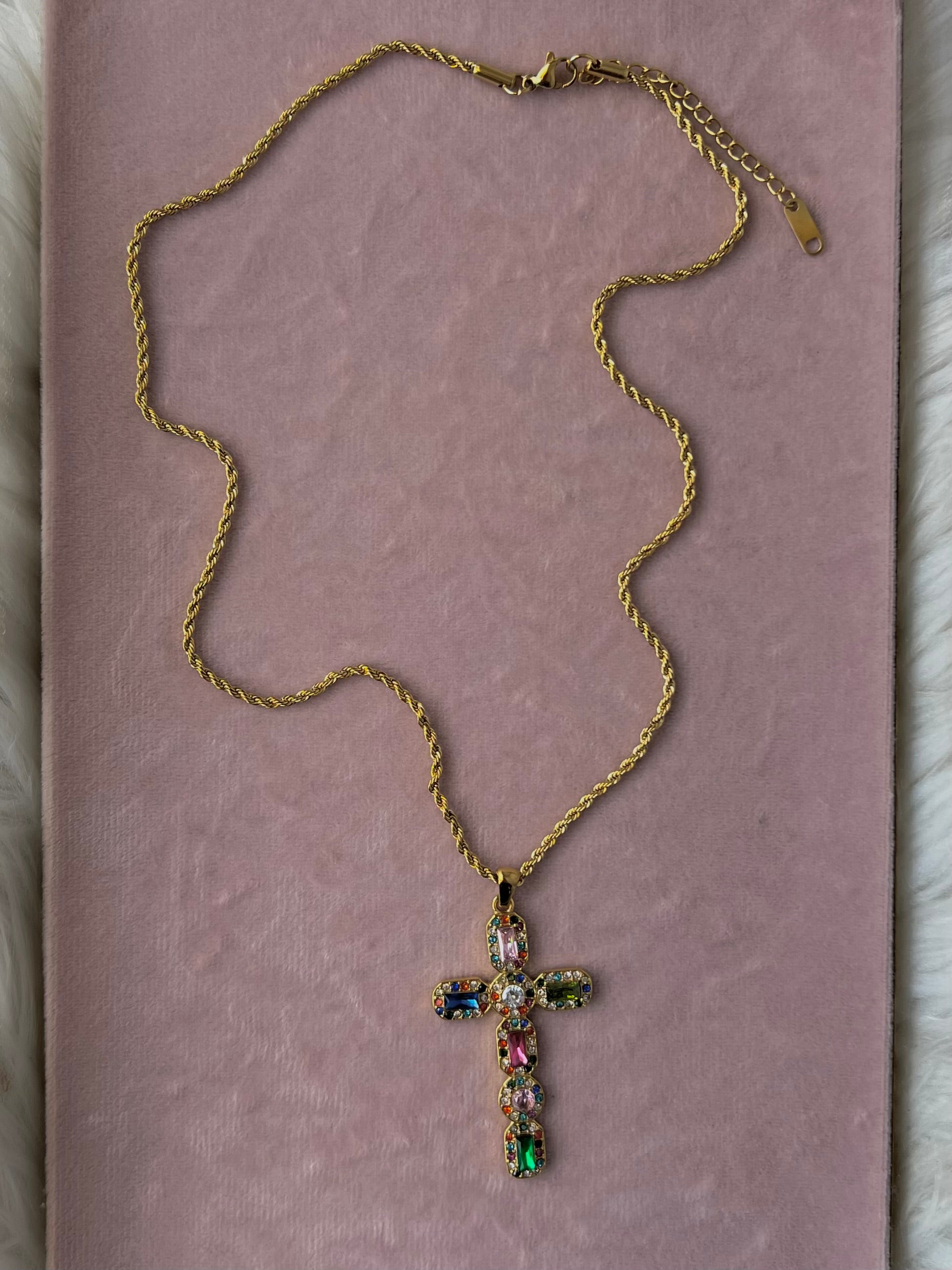The Bella Multi Color Crystal Cross Necklace – Water & Tarnish Resista